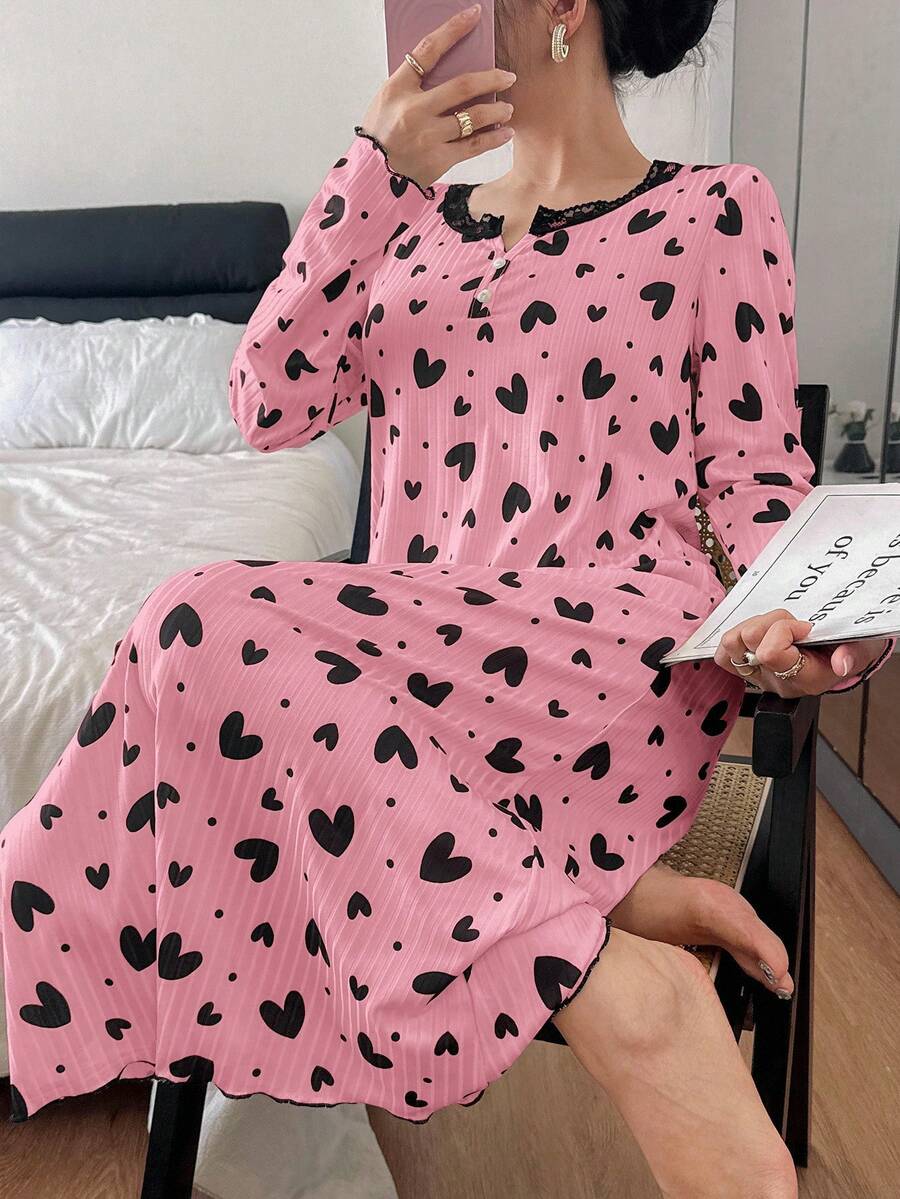 SHEIN Heart Lace Trim Mid-Length Long Sleeve Women Nightgown | SHEIN UK