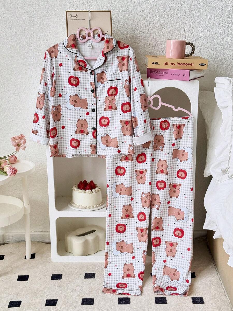 SHEIN Girls Bubble Crinkle Cute Pyjama Set With Printed Pattern, Long ...