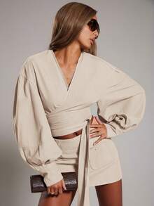 NYA SZN Women's Oversized Khaki Denim Crop Top Long Sleeve Wrap Tie ...