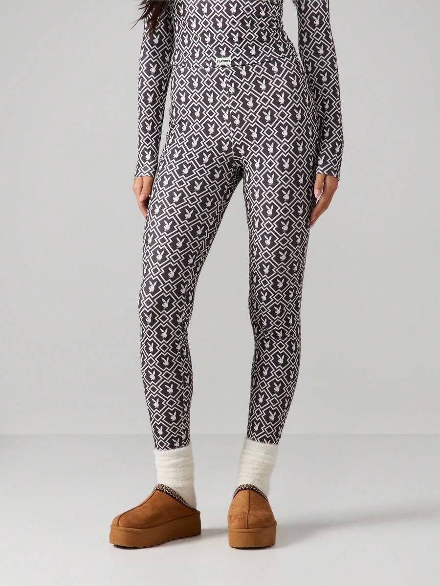Missguided x Playboy Geometric Print High Rise Full Length Fitted Leggings With All Over Pattern ...