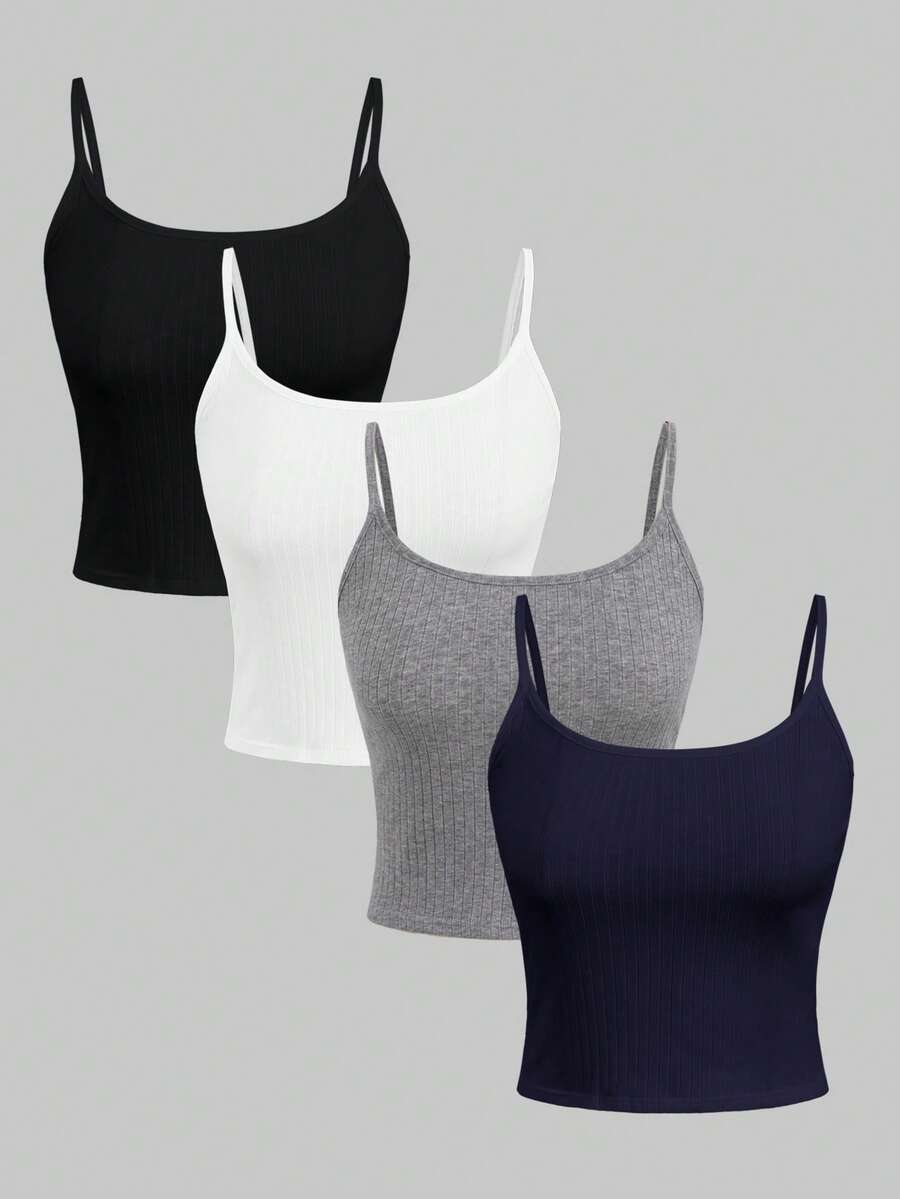 SHEIN 4pcs/Set Teen Girls' Cropped Ribbed Casual Tank Tops, Suitable ...