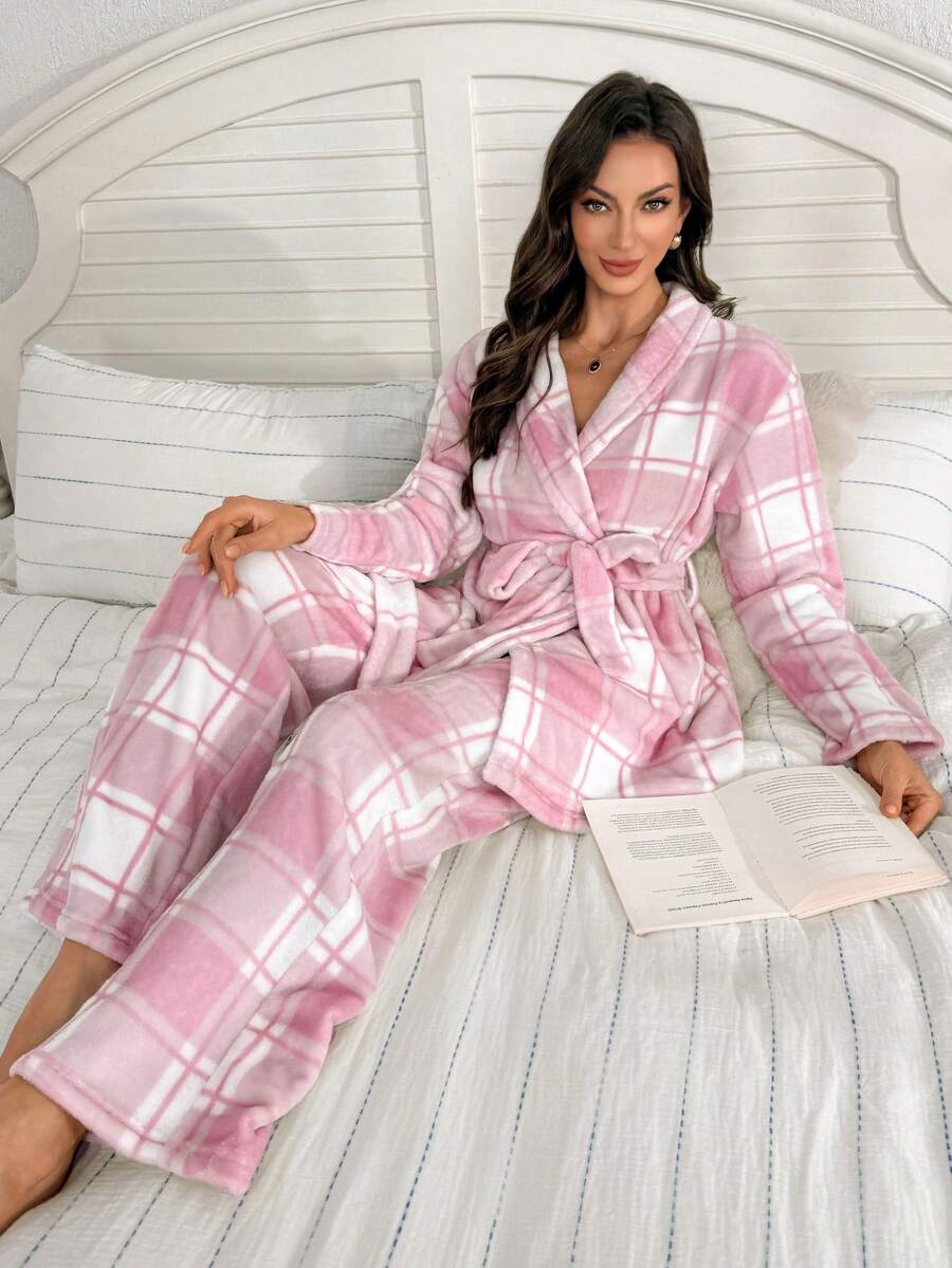 SHEIN Women's Plaid Collar Belted Long Sleeve Top And Straight Leg ...