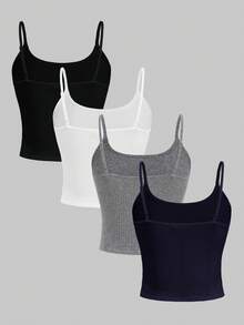 SHEIN 4pcs/Set Teen Girls' Cropped Ribbed Casual Tank Tops, Suitable ...