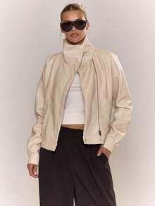 MUSERA Fitted High Neck Asymmetric Popper Biker Jacket Night Out Autumn ...