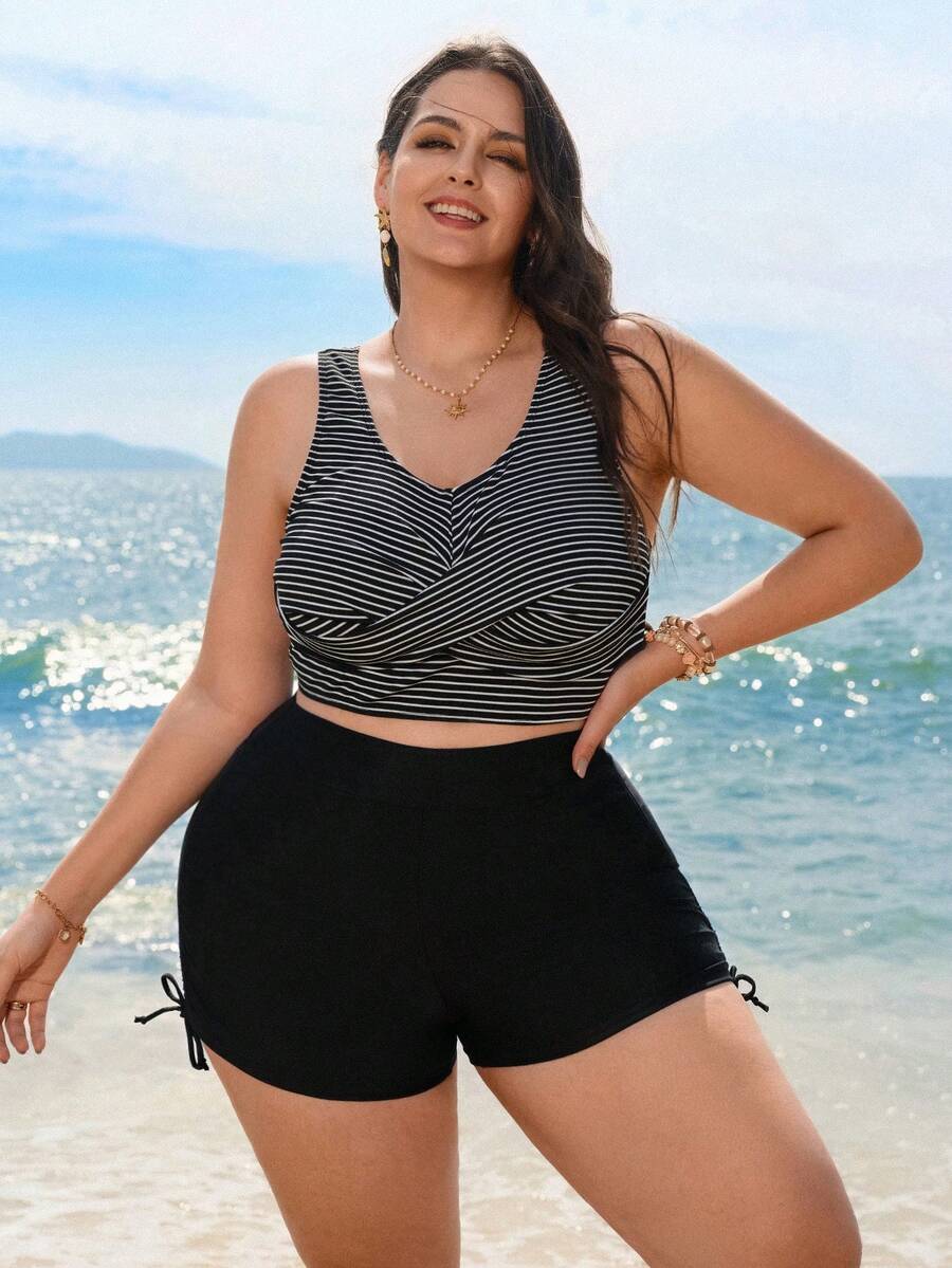 Swim Lushoire Große Größen Damen Zweiteiler Badeanzug mit gestreiftem ...