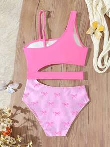 SHEIN Tween Girls Printed Color Block Asymmetrical Neck Hollow Out ...