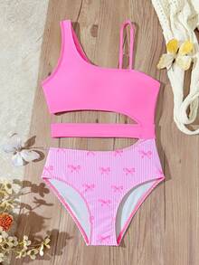 SHEIN Tween Girls Printed Color Block Asymmetrical Neck Hollow Out ...