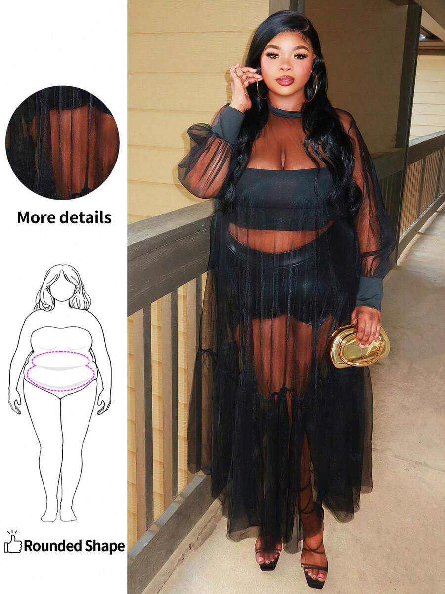 Enliva Plus Size Sheer Solid Loose A-Line Dress In Black, For Apple ...