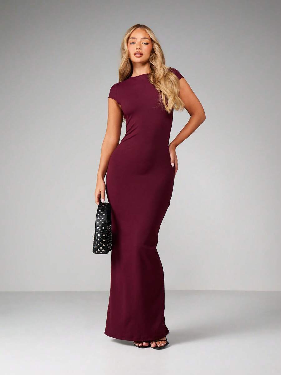MISSGUIDED Vestido largo de fiesta hasta el suelo con cuello redondo y ...