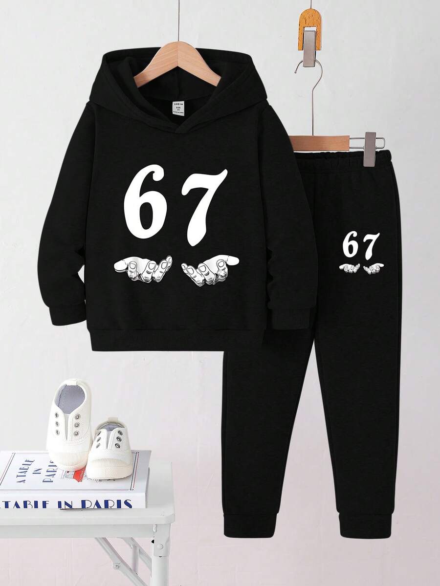 1 Set Young BoyFashionable Minimalist Digit 67 Palm Print Hoodie And ...