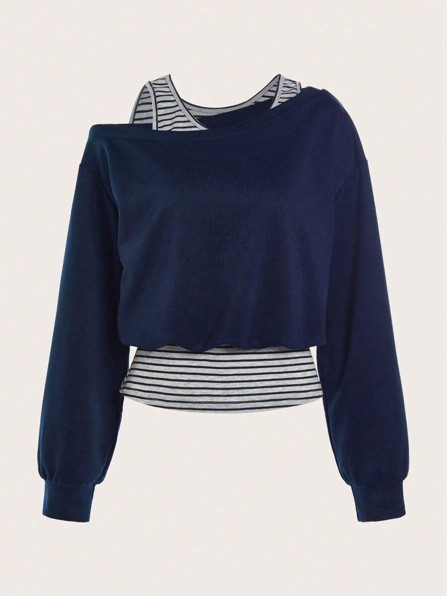 Airaco Damen Lässig gestreifter 2-in-1 Schräg-Schulter Loose Langarm ...