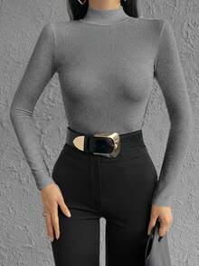 Cloudara Cotton Mock Neck Ribbed Knit Long Sleeves Casual Tee | SHEIN UK
