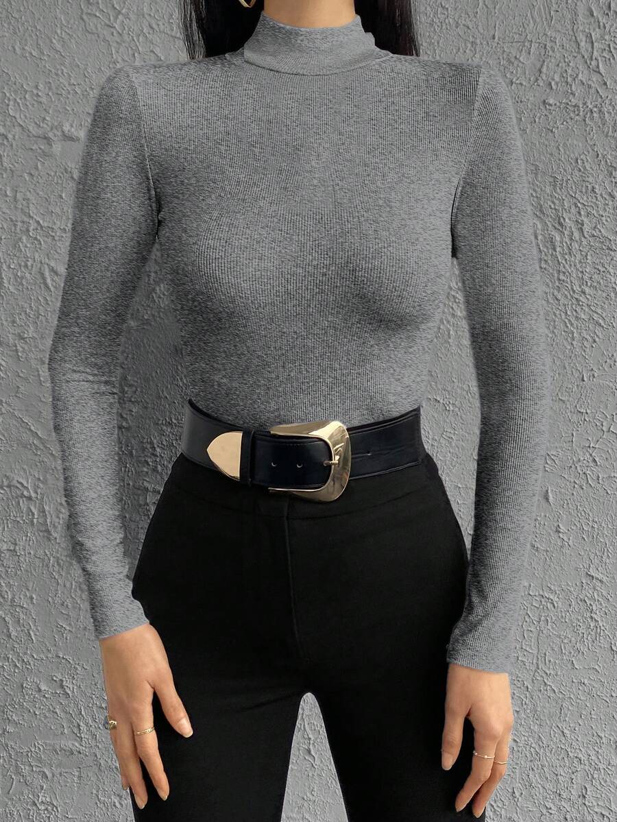 Cloudara Cotton Mock Neck Ribbed Knit Long Sleeves Casual Tee | SHEIN UK