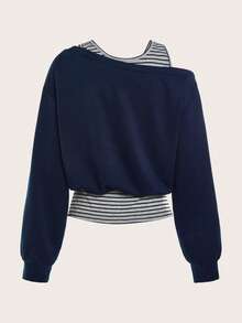 Airaco Damen Lässig gestreifter 2-in-1 Schräg-Schulter Loose Langarm ...