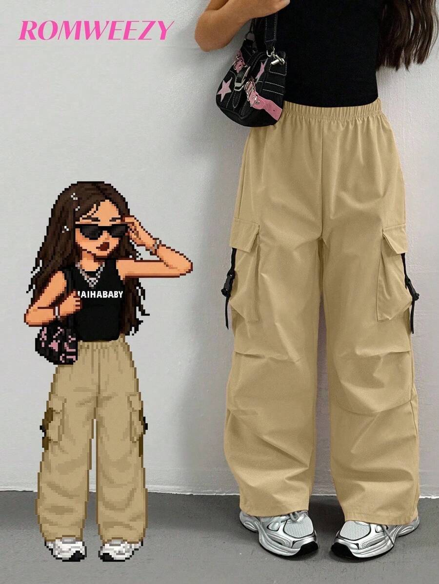 Sparklyn Tween Girls' Solid Color Pocket Casual Pants | SHEIN USA