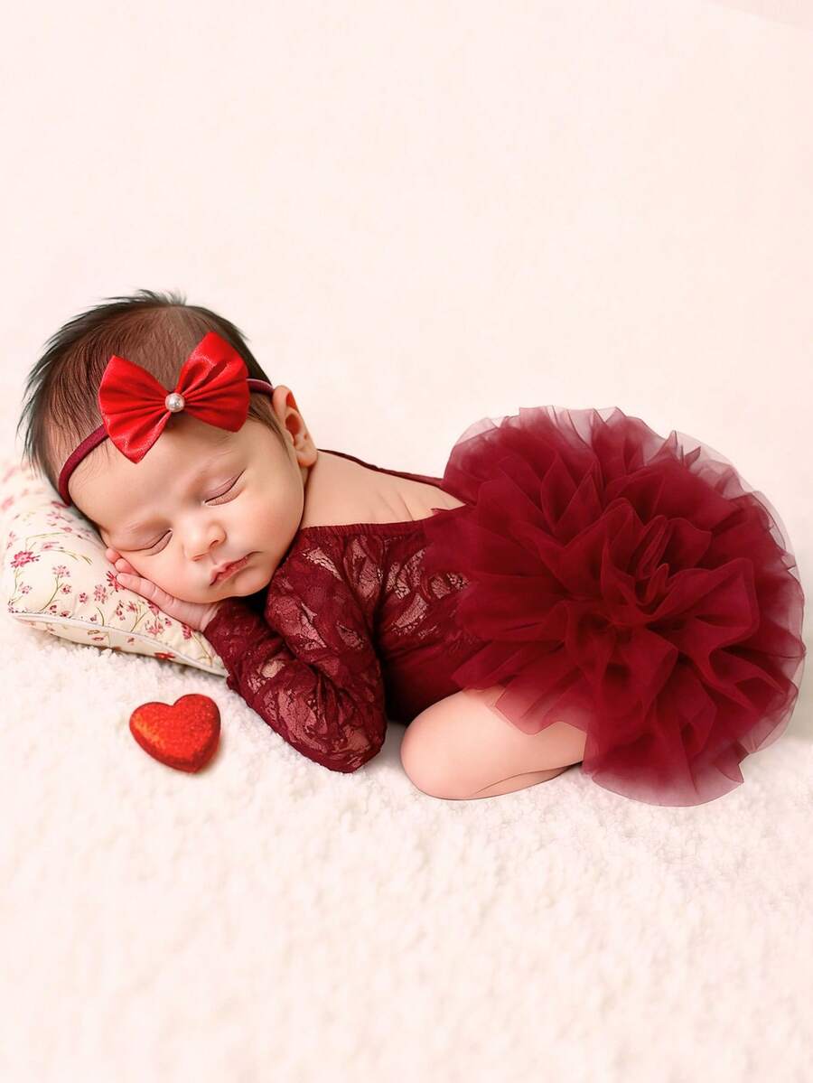 SHEIN 2Pcs Set Red Newborn Photography Lace Romper With Bowknot Pearl ...