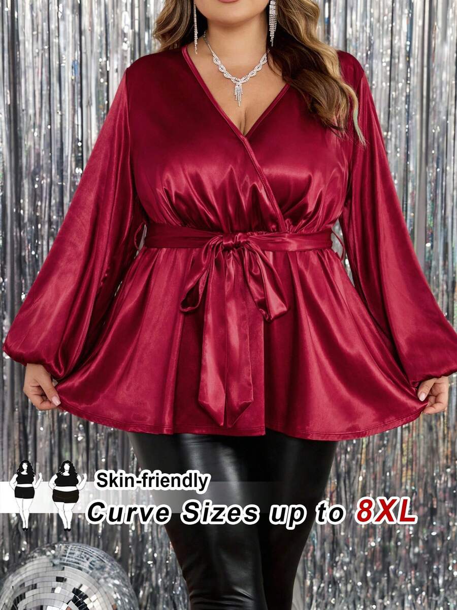 SHEIN CURVE+ Blusa de satén con lazo elegante para mujer de talla ...