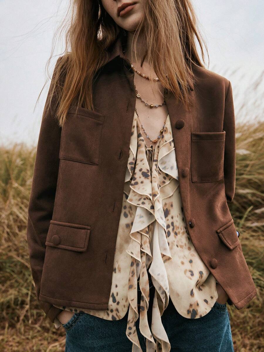 Florisole Chaqueta de gamuza con bolsillo y solapa única para mujer ...