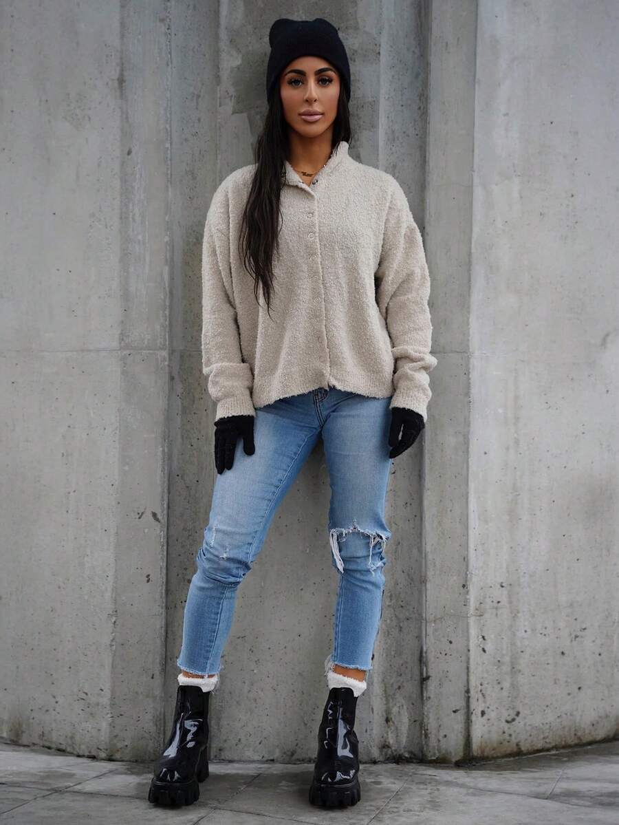 SAYEHFBABY Funnel Neck Fluffy Knit Long Sleeve Cardigan Classy Cute ...