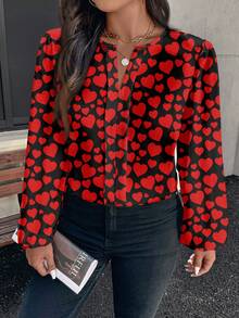 EMERY ROSE Elegant Romantic Heart Print Plus Size Women Blouse ...