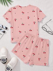 2pcs/Set Cute Mini Cherry Heart Print Young Girl Casual Simple Short ...