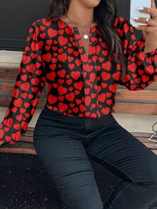EMERY ROSE Elegant Romantic Heart Print Plus Size Women Blouse ...