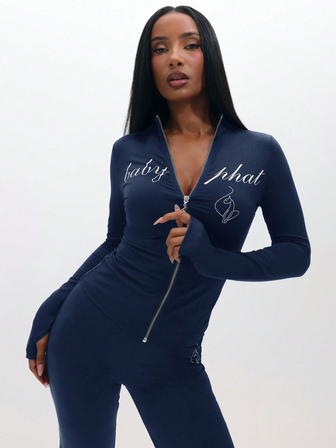 BABYPHAT Long Sleeve Zip Up Top With Script Logo And Flare Leg ...