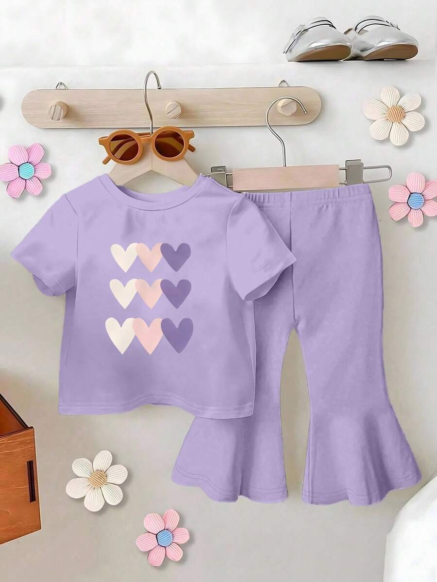 2-3Y/6-24M Girls' Purple T-Shirt & Flared Pants Set, Heart Print ...