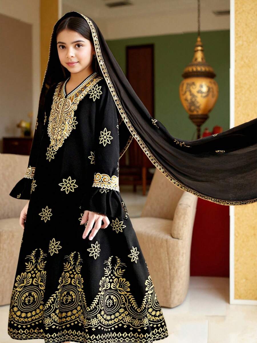 Tween Girls Traditional Arabic Dress, Luxurious Elegant Embroidered ...