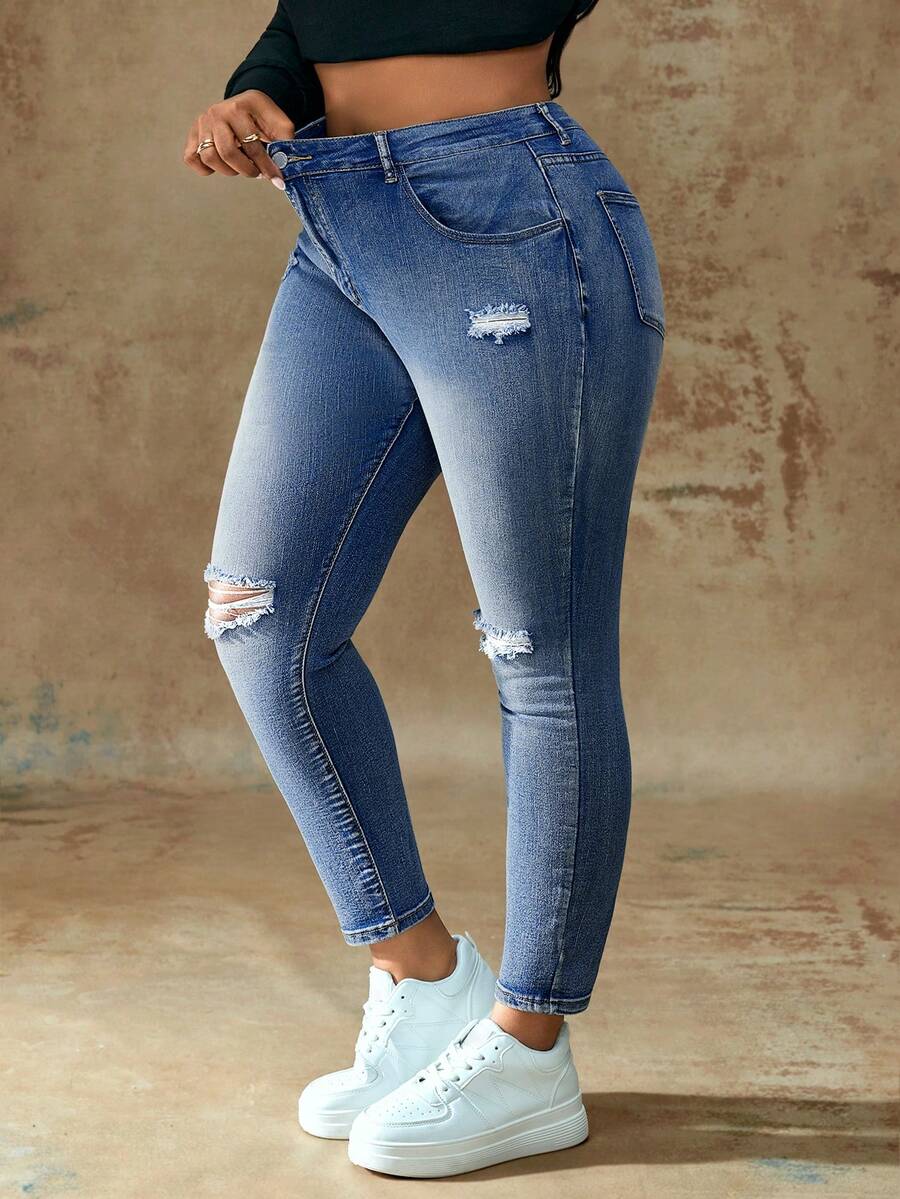 Truni Plus Size Women Casual Distressed Slim Fit Jeans for Sale ...