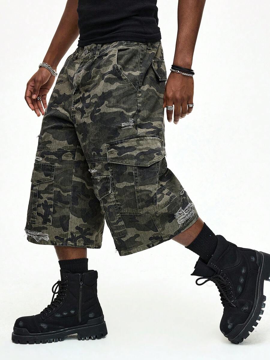 ROMWE MEN Shorts Denim Camuflada de Corte Solto Masculina | SHEIN Brasil