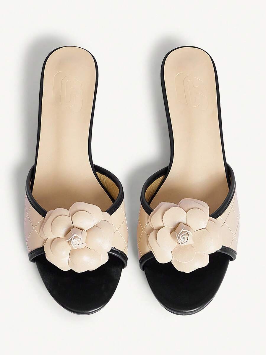 CUCCOO CHICEST Black & Apricot Camellia Flower Decor Kitten Heel Round ...