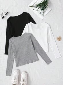 SHEIN 3pcs/Set Tween Girls' Solid Color Crew Neck Long Sleeve Sporty ...