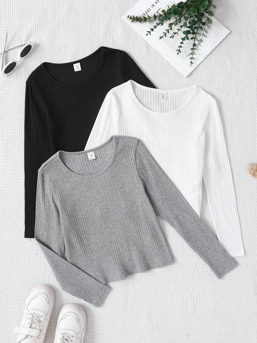 SHEIN 3pcs/Set Tween Girls' Solid Color Crew Neck Long Sleeve Sporty ...