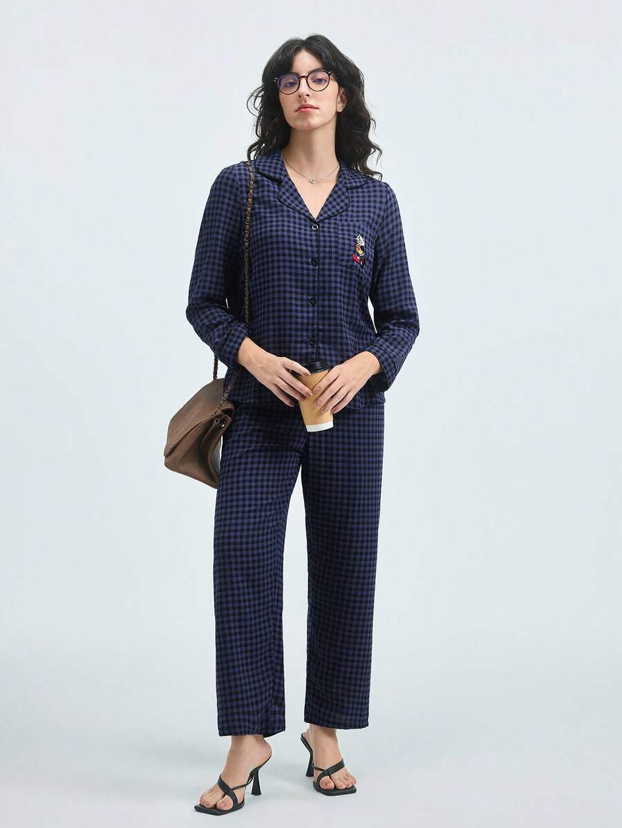 Plaid Lounge Set, Adorable Turndown Collar Button Up Top And Long Pants ...