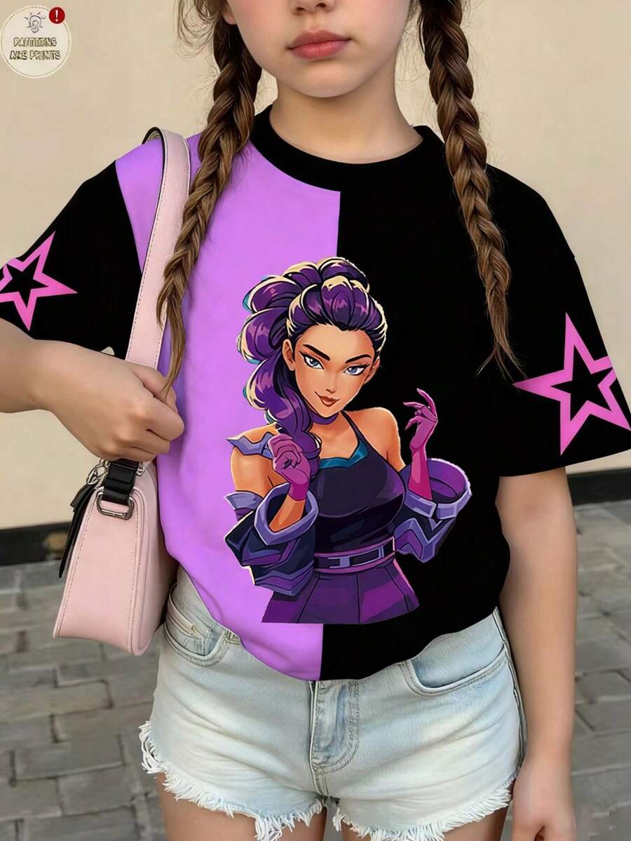 1pc Cute & Cool Kpop Girl Graphic Black & Purple Splice Short Sleeve ...