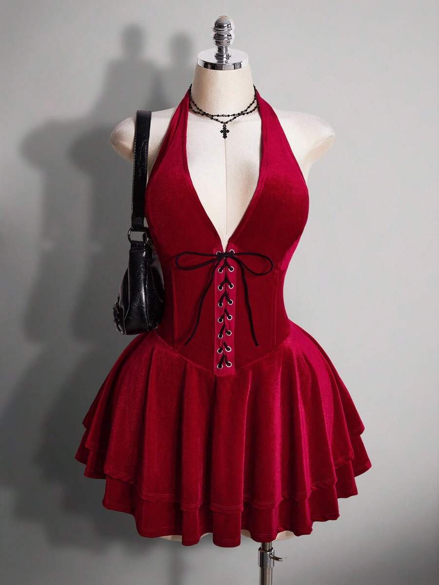 SHEIN ICON Plus Size Y2K Fashion Red Summer Goth Satin Party Velvet ...
