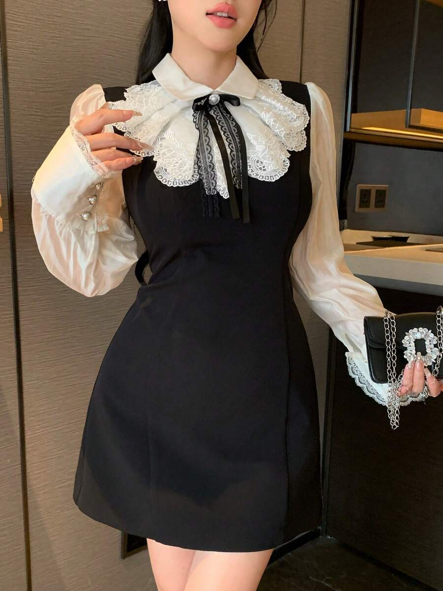 DAZY Abito nero in pizzo stile aristocratico francese, elegante abito ...