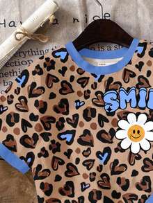 Vintage Pink Heart Leopard Floral Cartoon Pattern, Teen Girl Casual ...