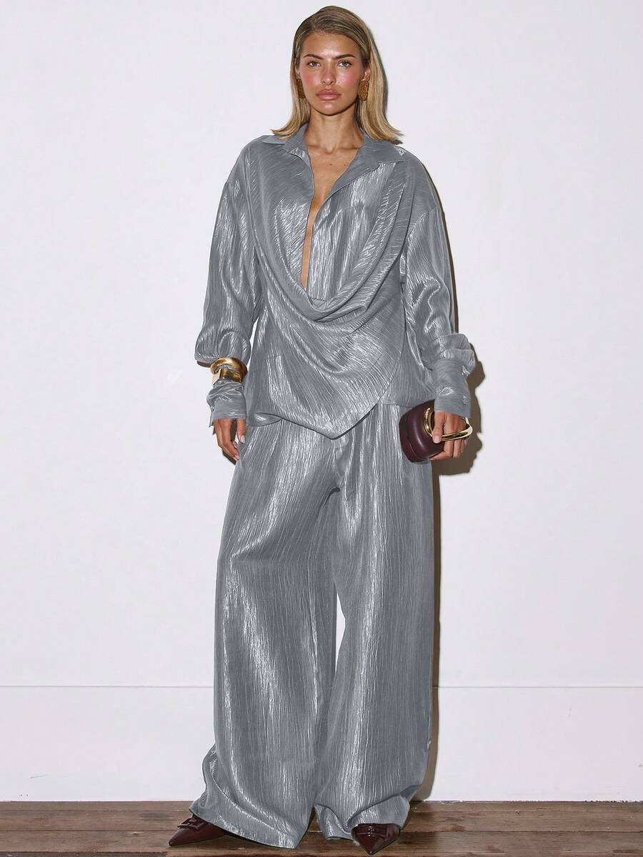 MUSERA Flowy Pleated Wide Leg Plisse Suit Trousers Bottoms Only ...