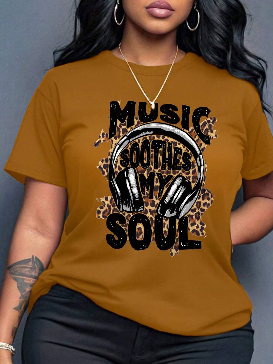 EMERY ROSE Plus Size Music Soothes My Soul Leopard Print Slogan Crew ...