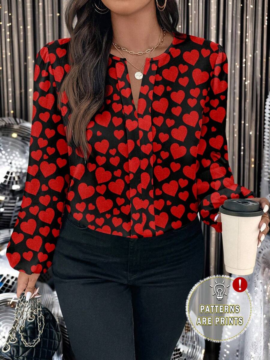 EMERY ROSE Elegant Romantic Heart Print Plus Size Women Blouse ...
