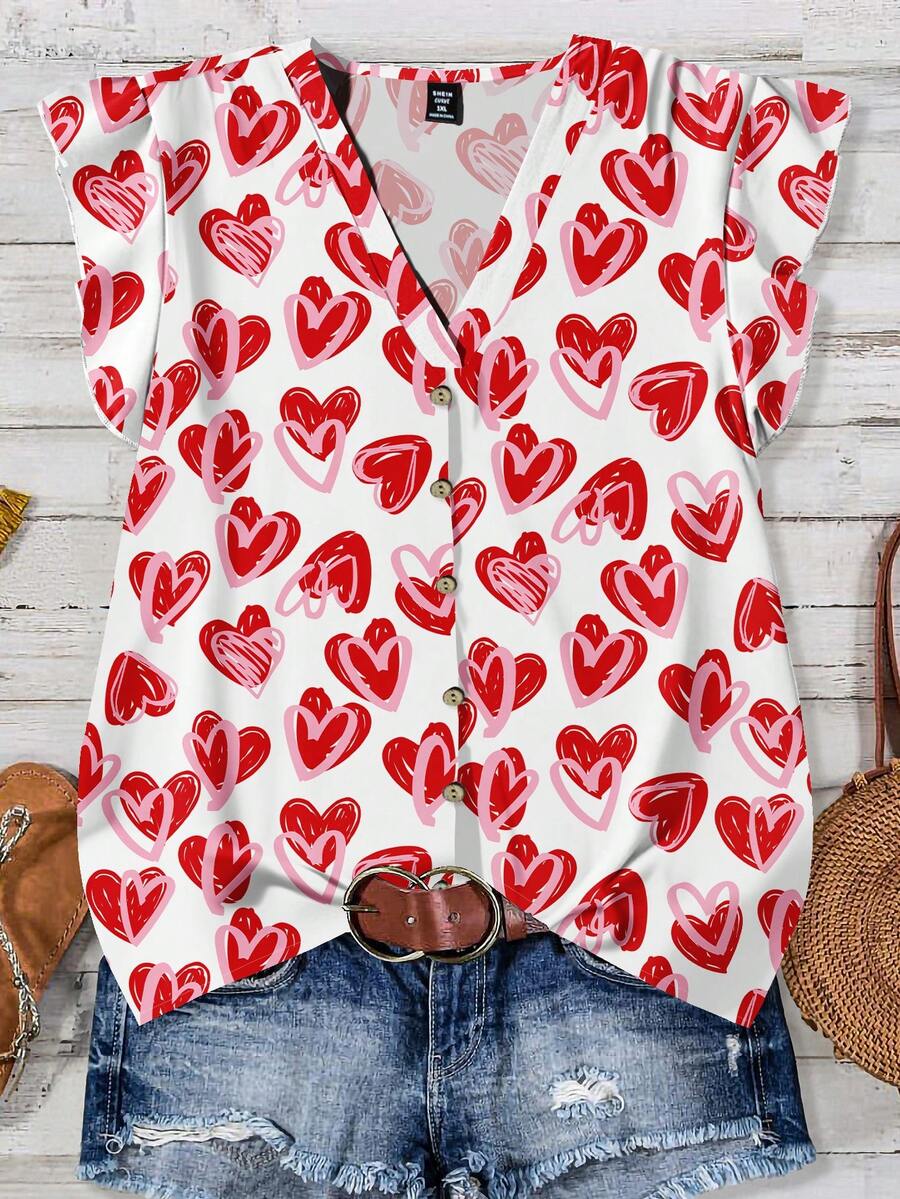 EMERY ROSE Plus Size Heart Print Casual Minimalist Shirt, Suitable For ...