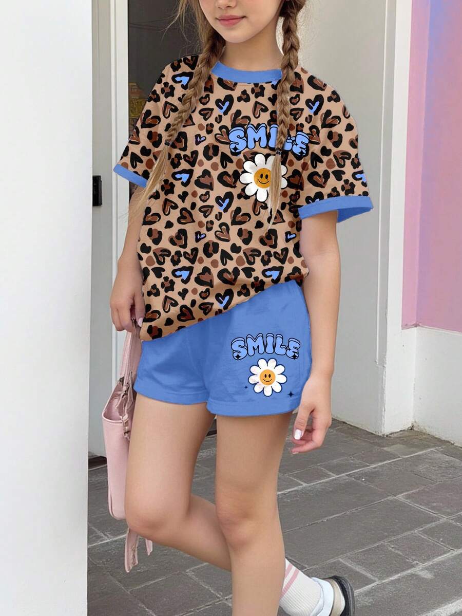 Vintage Pink Heart Leopard Floral Cartoon Pattern, Teen Girl Casual ...