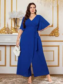 Reflora Plus Size Women's Butterfly Sleeve Wrap Jumpsuit, Loose Leg ...
