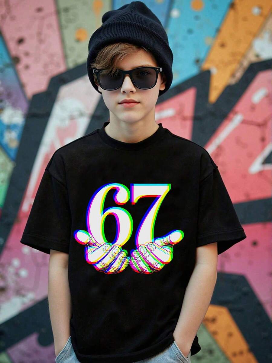Teen Boys Casual Minimalist "67" Number SIX SEVEN Graphic Short Sleeve ...