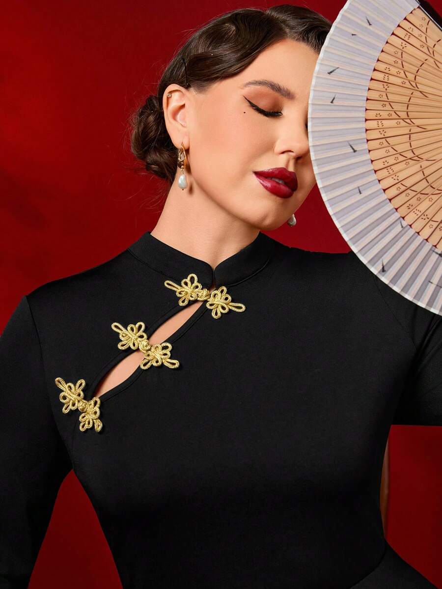 SHEIN Elenzya Plus Size Women Elegant Cheongsam Collar Chinese Button ...