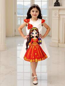 Cartoon Character Print Round Neck Puff Sleeve Bow Decor Girls Dress ...