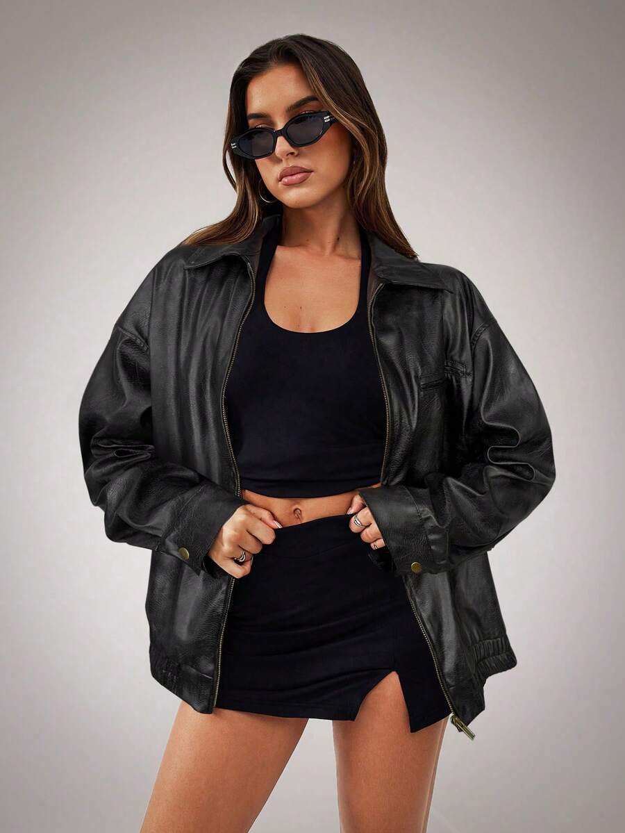 SHEIN BAE BAE Women Vintage Fashion Drop Shoulder Loose Zipper Jacket ...