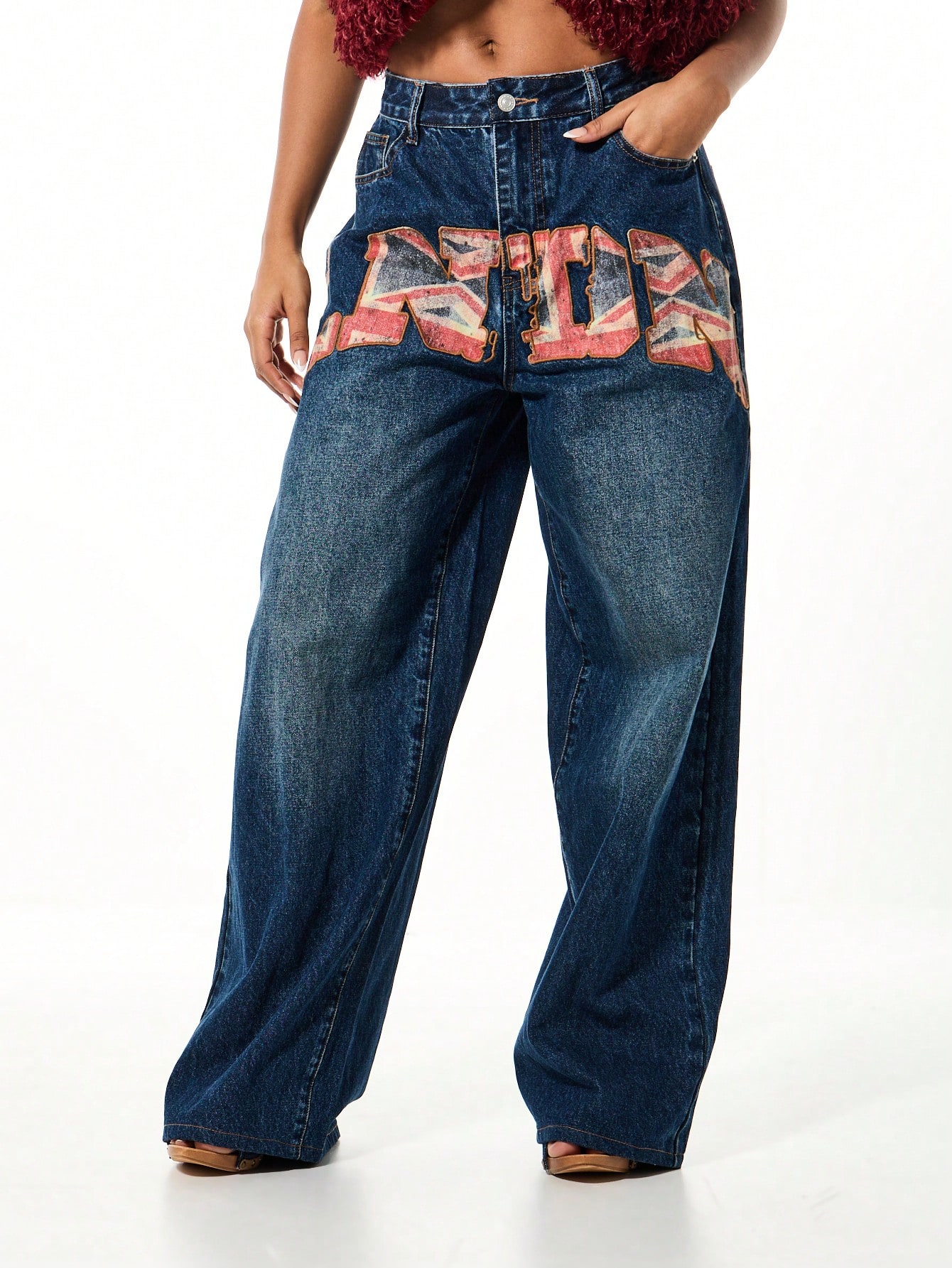 SUMWON WOMEN Union Jack Flag Grunge Print High Rise Wide Leg Baggy ...